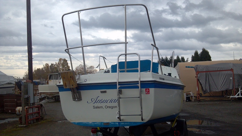 extended stern rail with cutout for ladder access | Sailboat Owners Forums